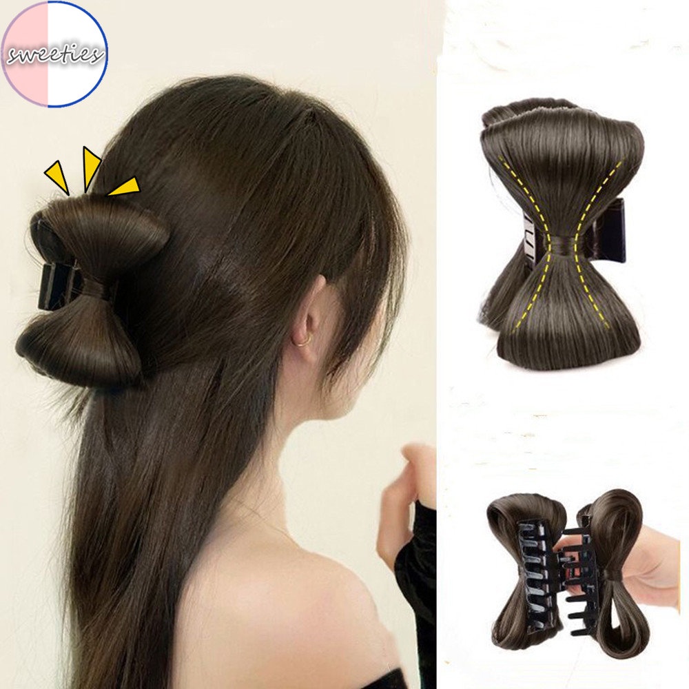 Y2K girls sweet cool Synthetic Bowknot Wig claw Clip Ponytail wigs ...