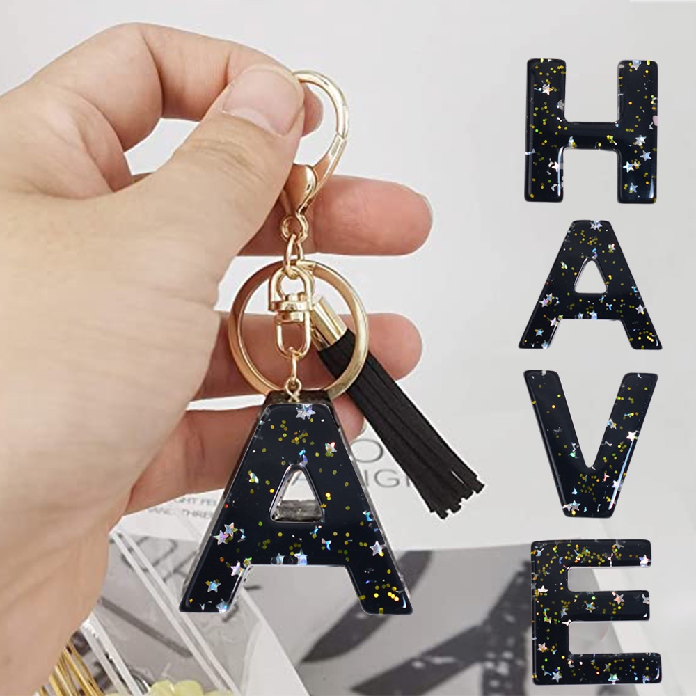 Black A-Z 26 Letter Key Chain Fashion Star Sequin Filled Initials ...