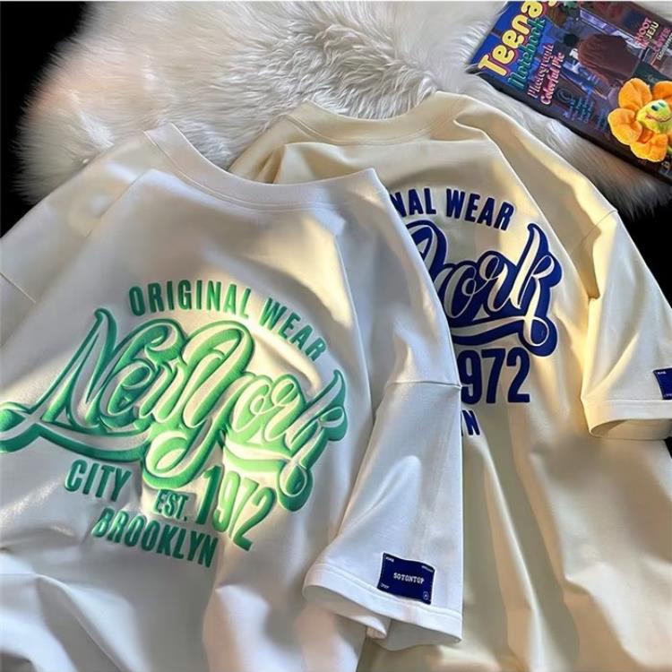 【M-5XL】Summer American Advanced sense Vintage Letter Print Men T Shirt ...