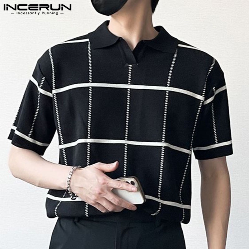 INCERUN plaid knit casual lapel top POLO Shirts | Shopee Malaysia
