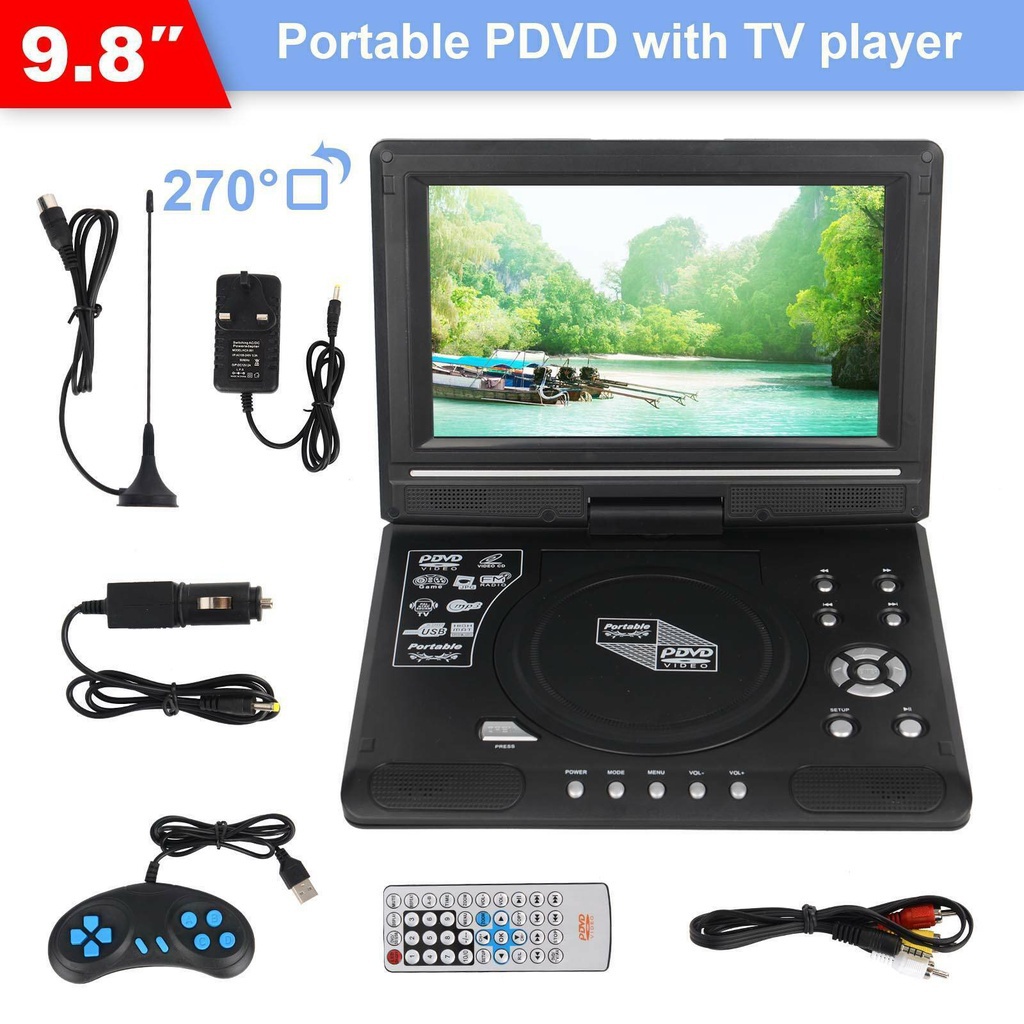 9.8'' Portable HD TV DVD VCD CD Player LCD 270° Rotation Screen Mini ...