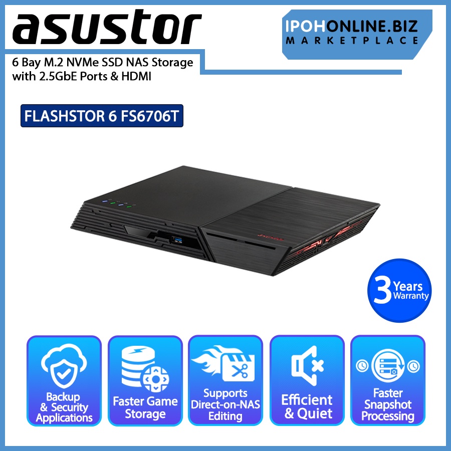 Asustor FLASHSTOR 6 FS6706T 6 Bay M.2 NVMe SSD NAS Storage with 2.5GbE ...