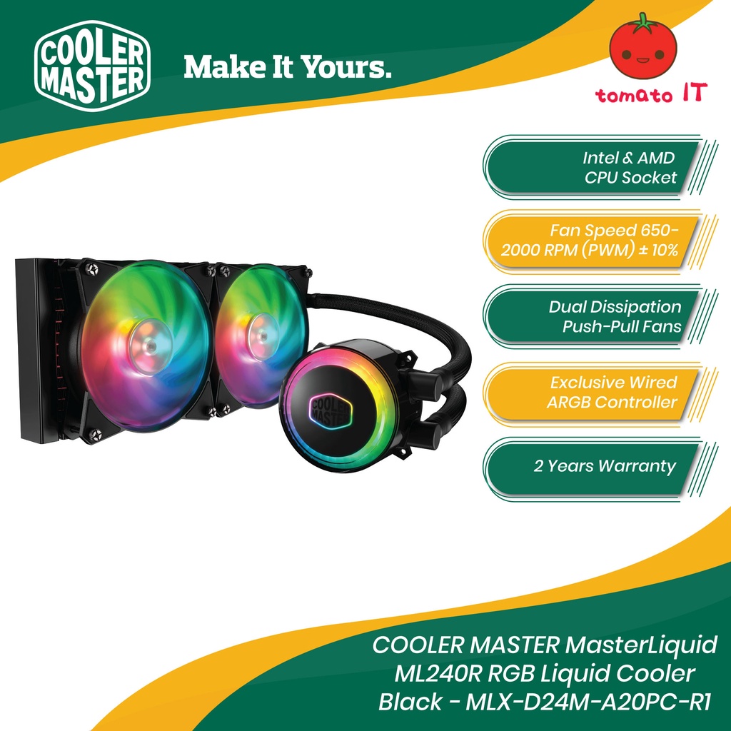 COOLER MASTER MasterLiquid ML240R RGB Liquid Cooler - Black - MLX-D24M ...