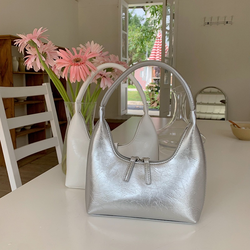 French Silver Texture PU Handbag Simple Solid Color Versatile Underarm ...