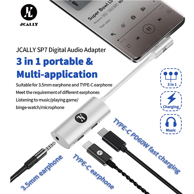 JCALLY SP7 CX31993 Type C Audio Adapter 3.5mm Type-C Support PD 60W ...