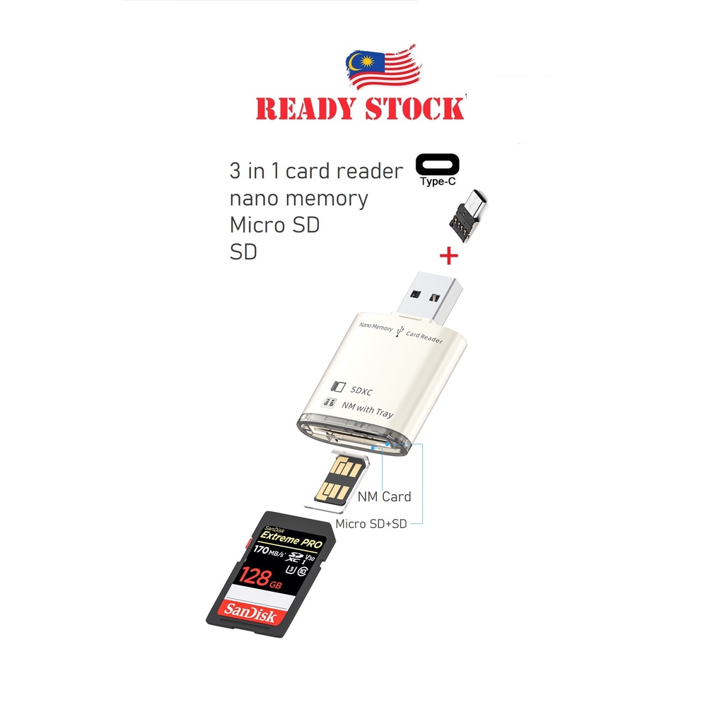 3 in 1 USB 3.0 Type-A + Type-C HUAWEI nm nano Memory Card Reader OTG ...