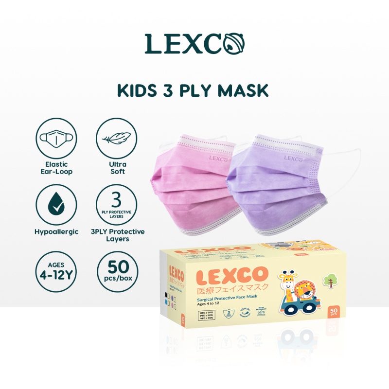 LEXCO 3ply Surgical Medical Kids Face Mask Ages 4-12 (50’S/box ...