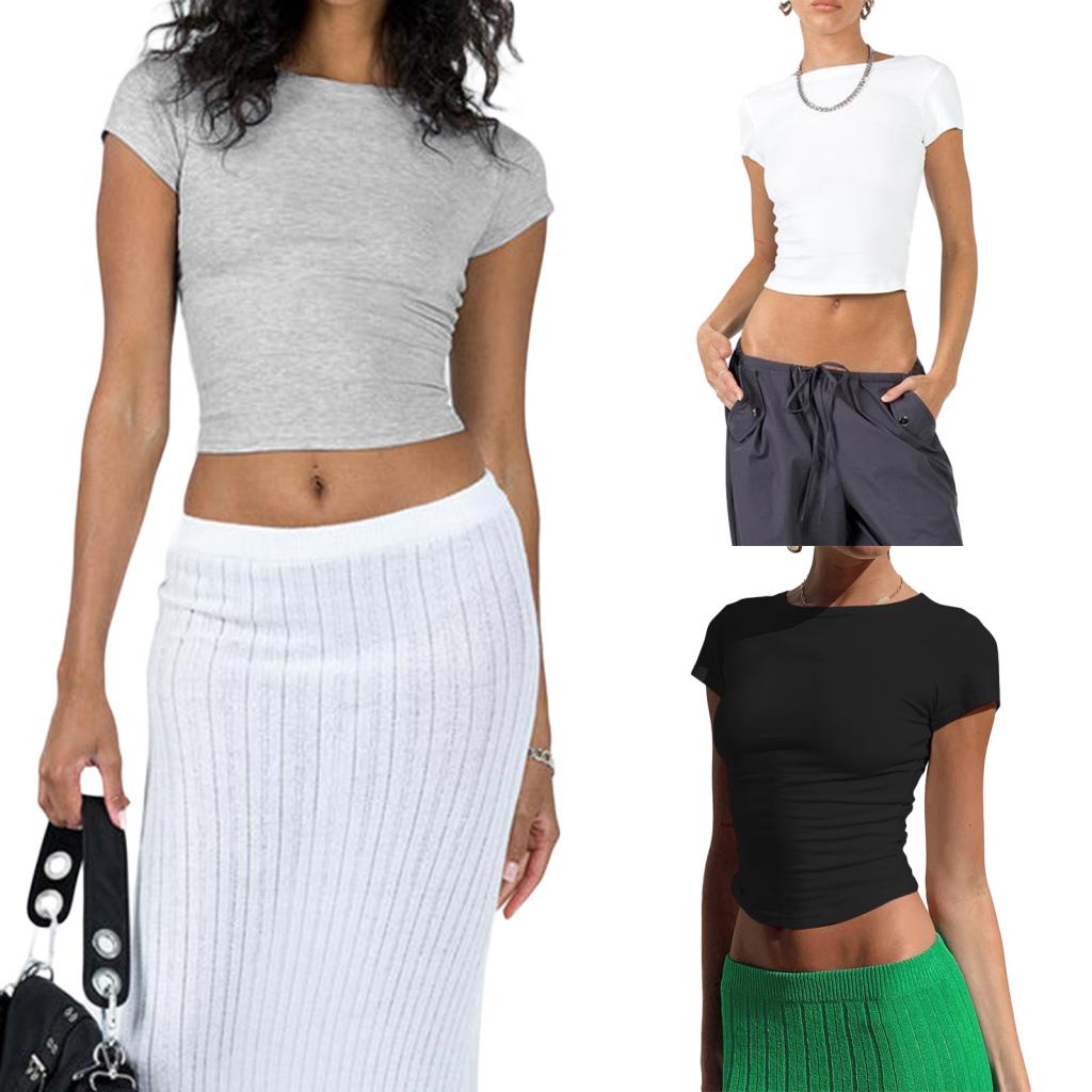 BULINGNA-Women Short Sleeve Crop Tops Solid Color Crew Neck Slim Fit T ...