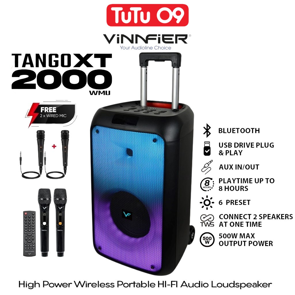 Vinnfier TANGO XT2000 WMU 500W Bluetooth Portable HI-FI Loud Speaker Party Box Karaoke Speaker ...