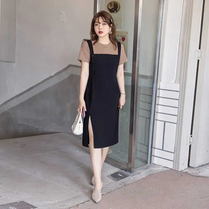 Women Dress L-5XL Plus Size Slightly Fat MM2023 Summer New Style Fake Two-Piece Mid-Length Split ...