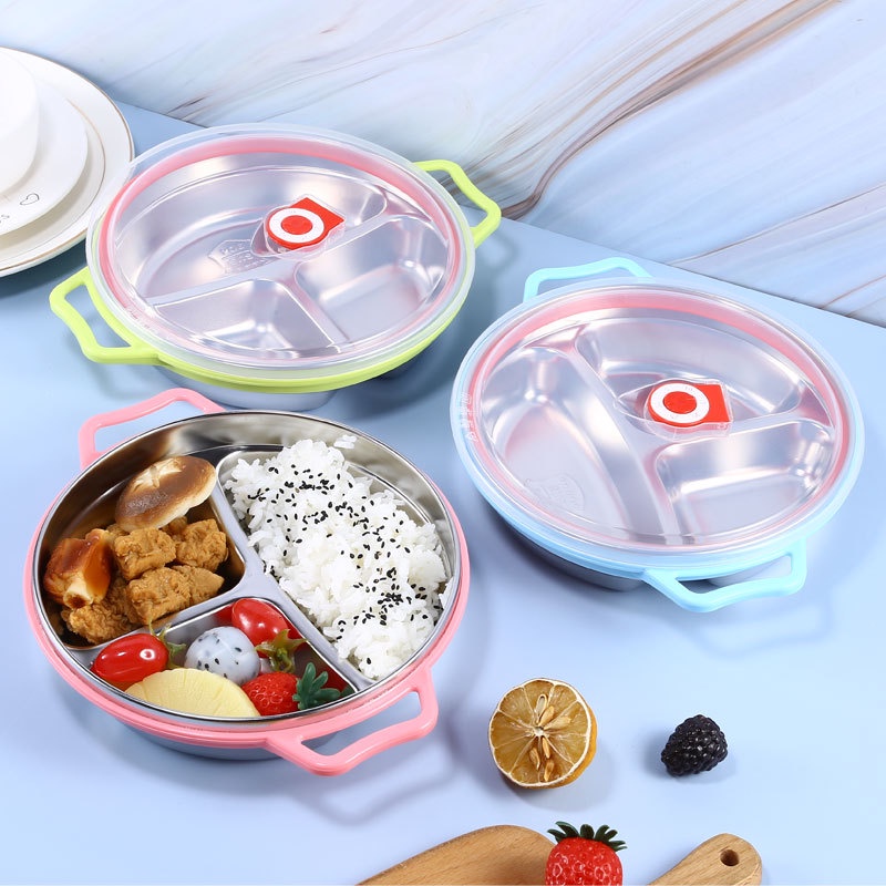 Stainless Steel Dinner plate With 3 Compartment Food Divided Round ...