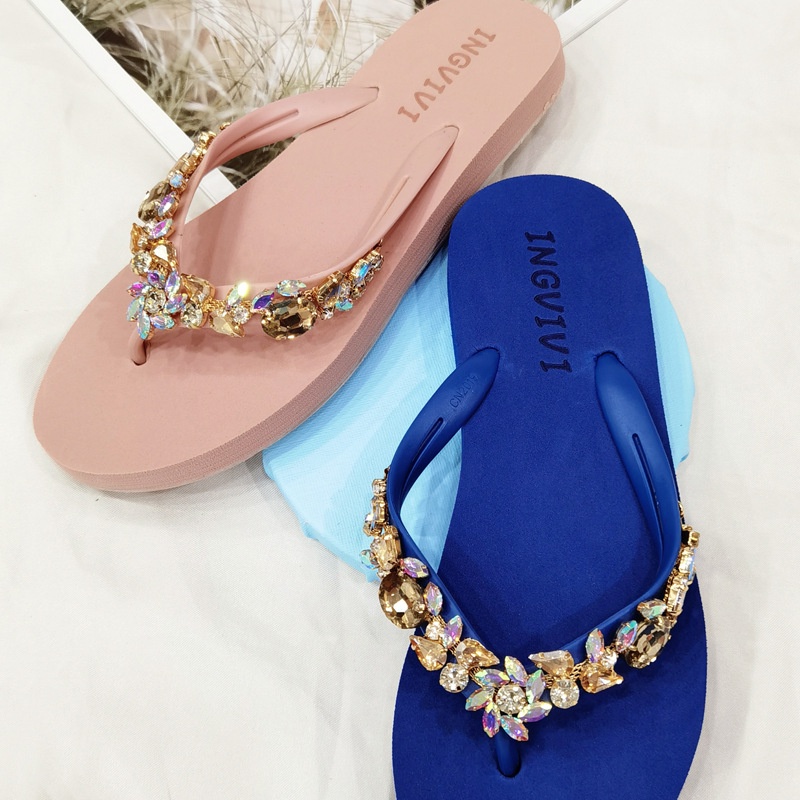 New Product Rhinestone Flip Flops Women Summer Flat Sandals Slippers Rhinestone Chain Beach