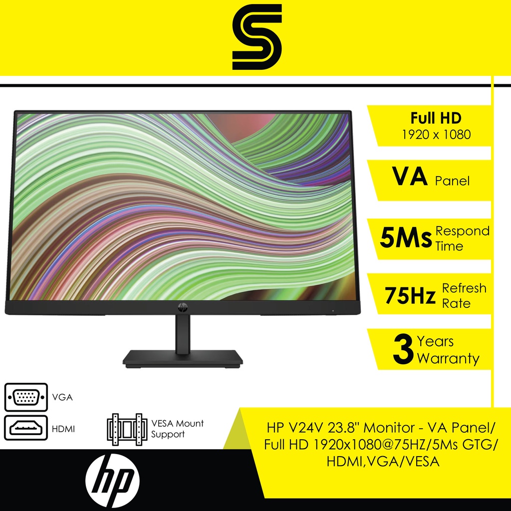 HP V24V 23.8" Monitor - VA Panel/Full HD 1920x1080@75HZ/5Ms GTG/HDMI ...
