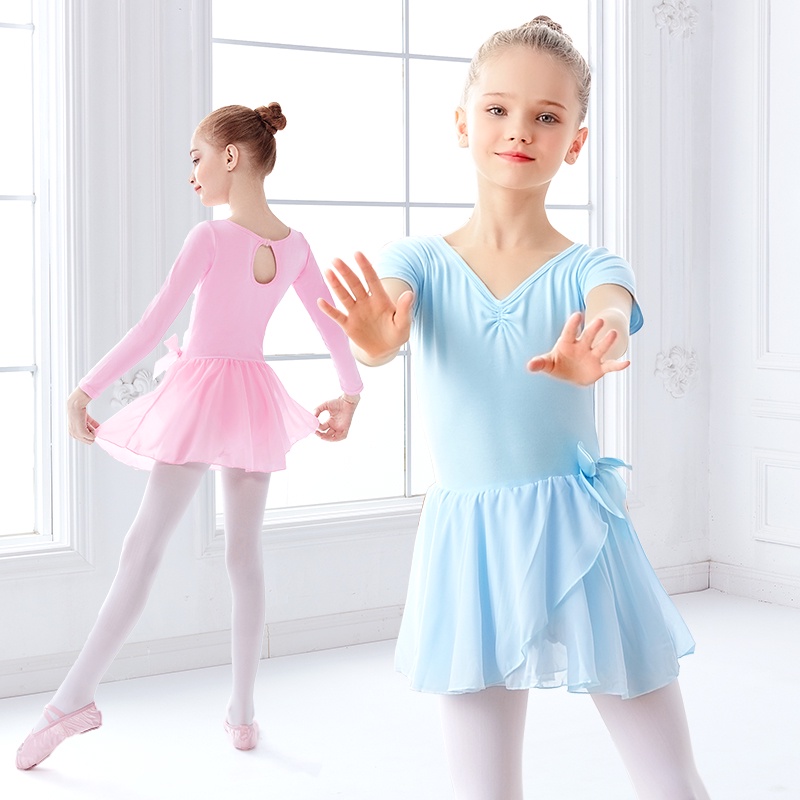 Girls Short/Long Sleeve Gymnastics Bodycon Chiffon Skirt Ballet Leotard ...