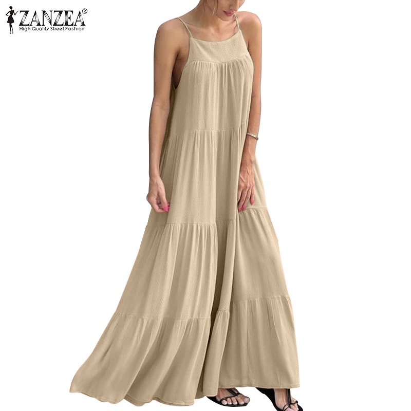 Zanzea Women Vintage Daily Holiday Round Neck Sleeveless Solid Color