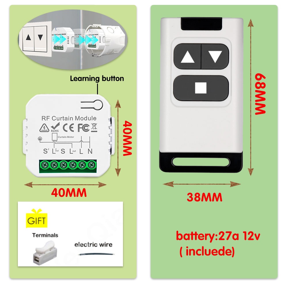 433MHZ RF Curtain Switch Remote Control Roller Shutter Module Garage ...