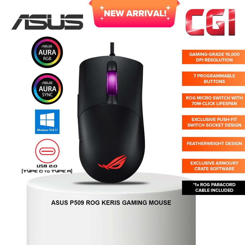 Asus P509 ROG Keris 16,000 DPI Lightweight Paracord Aura Sync FPS Wired ...