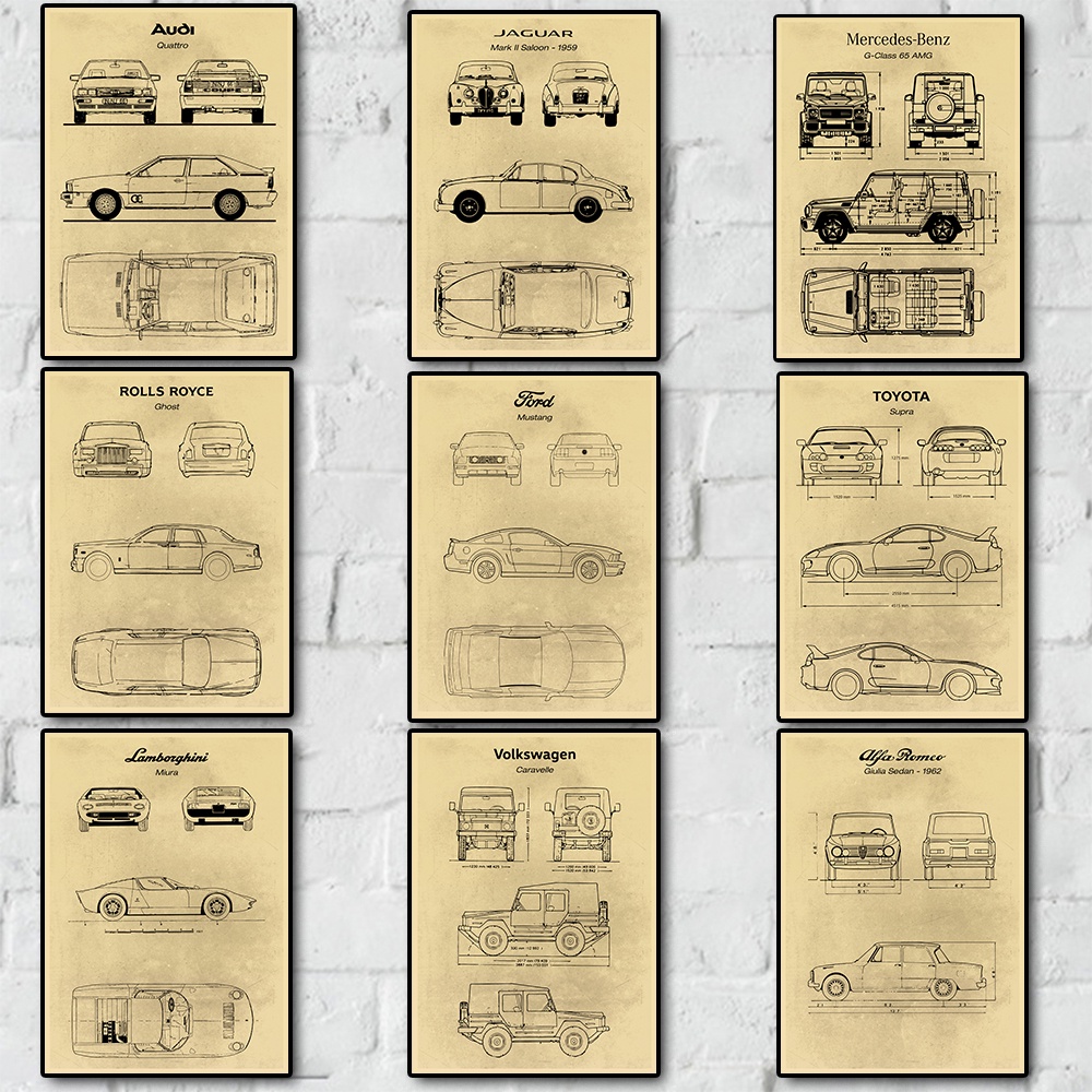 Cars Blueprints Light Retro Kraft Paper Poster Decorative Painting ...