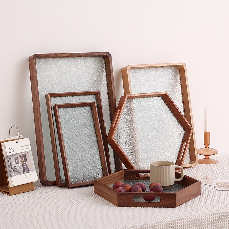 Vintage Wooden Glass Tray Begonia Embossed Tempered Tea Tray Breakfast ...