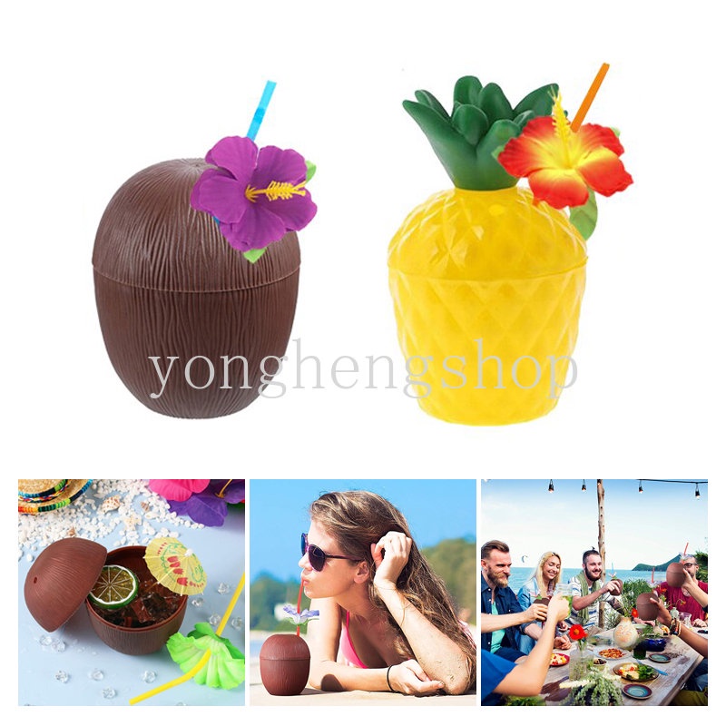 Creative Hawaii Party Pineapple Coconut Drinking Cup with Lids Straws ...