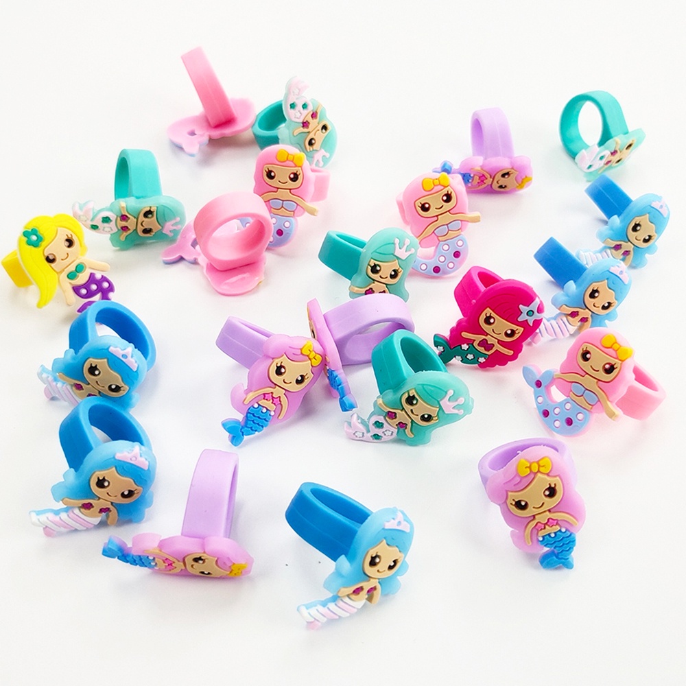 10Pcs Mermaid Rings Rubber Pink Blue Cartoon Rings for Kids Girls ...