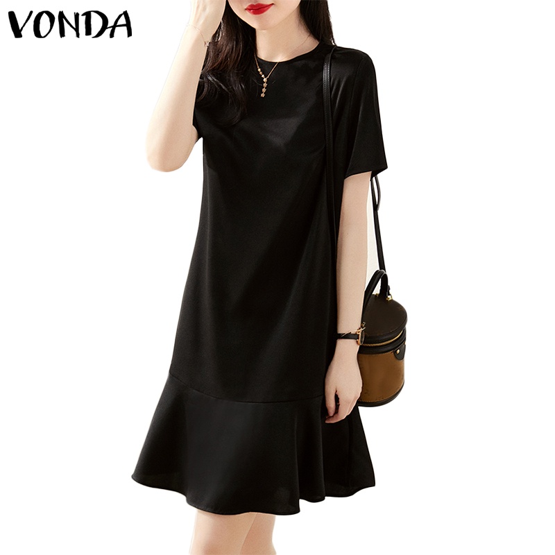 VONDA Women Korean Elegant Leisure Round Neck Short Sleeves Hem Ruffle ...