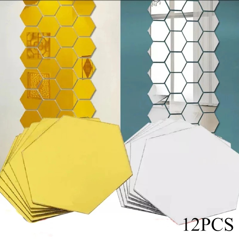 12Pcs 3D Mirror Wall Stickers Hexagon Shape Acrylic Removable Wall ...