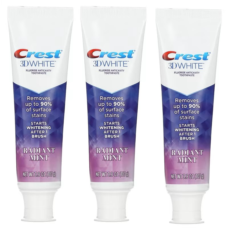 Crest, 3D White, Fluoride Anticavity Toothpaste, Radiant Mint, 3 Pack, 3.8 oz (107 g) Each ...