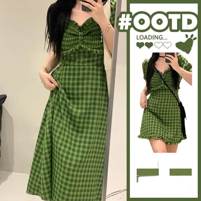 Summer Vintage Green Plaid Print Dress Women's Versatile Casual French ...