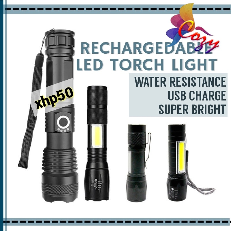 STRAP 2 Mode Rechargeable Waterproof CLIP/X51005/P50 LED Torch Light WITH STRAP XPE + COB USB ...