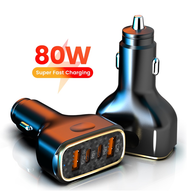 80W Car Charger Super Fast Charger Head 4-Port 60W QC3.0+PD4.0 Fast ...