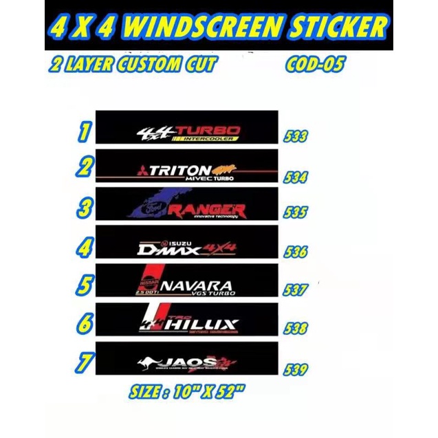 4 X 4 WINDSCREEN STICKER 10" X 52" TURBO TRITON RANGER DMAX NAVARA ...