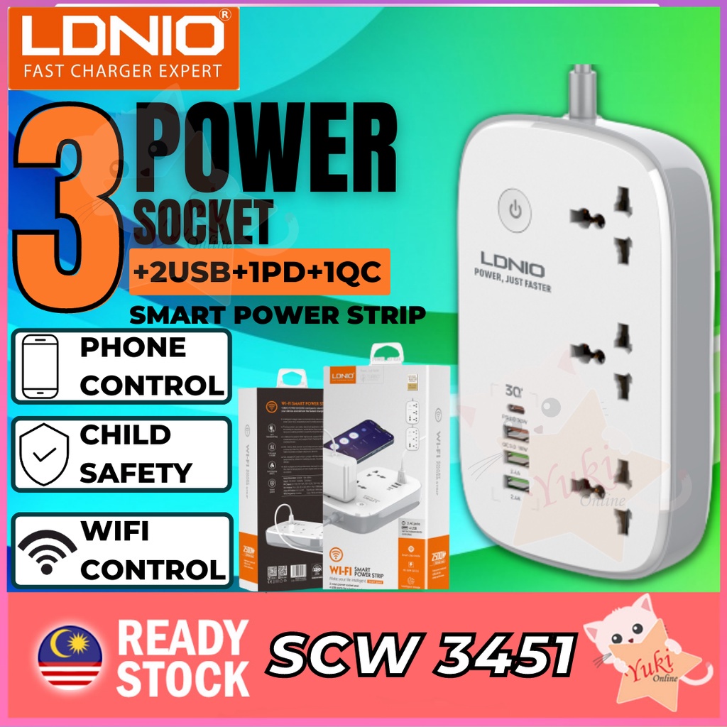 Ldnio SCW3451 DEFENDER SERIES - WiFi Smart Power Strip 3 SOCKET + 1 QC 3.0 + USB C PD 4 USB with ...