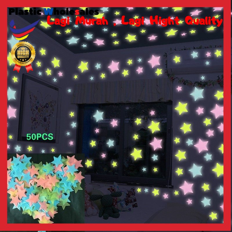 Fluorescent glow-in-the-dark stars wall decals, 50 pieces, luminescent ...