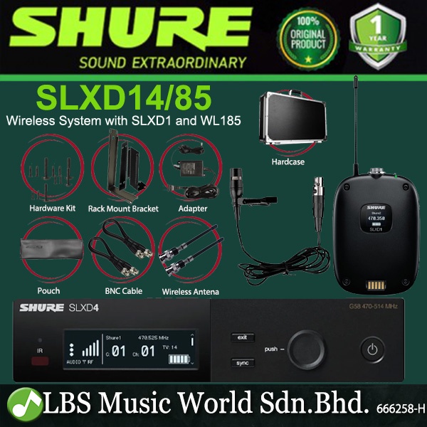 Shure SLXD14/85 Wireless Mic System with SLXD1 Bodypack Transmitter and WL185 Lavalier ...