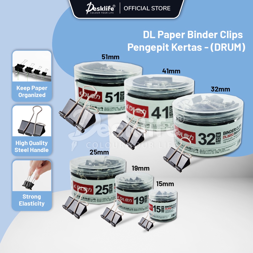 Desklife DL Binder Clip Black 51mm 41mm 32mm 25mm 19mm 15mm - (DRUM ...