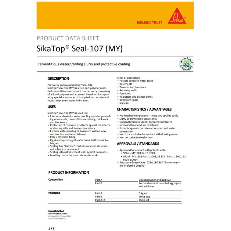 Sika Top Seal 107 Cement Based Waterproof System Seal Crack Anti ...