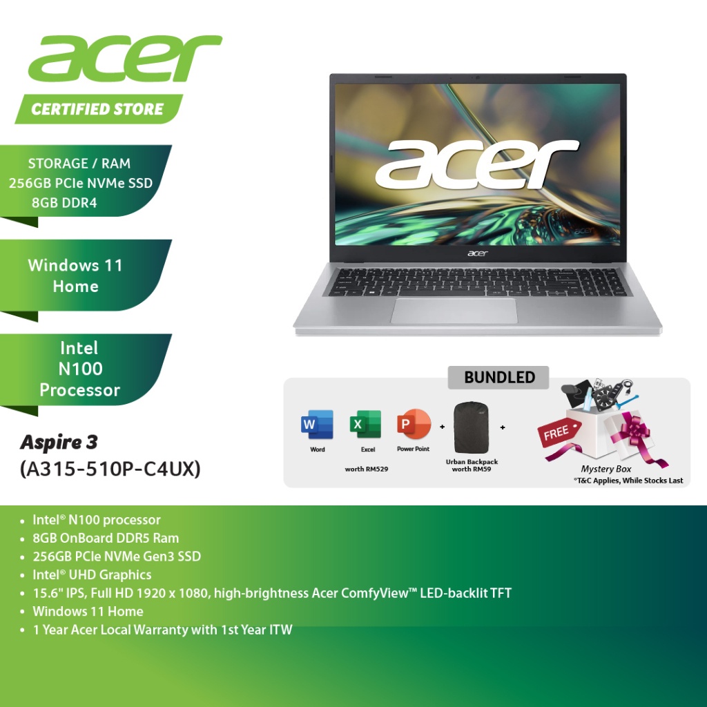 Acer Aspire 3 A315-510P-C4UX 15.6'' FHD Laptop Pure Silver ( N100, 8GB ...