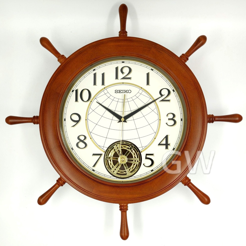 100% ORIGINAL SEIKO Maritime Ship Wheel Rotating Wooden Pendulum Wall ...