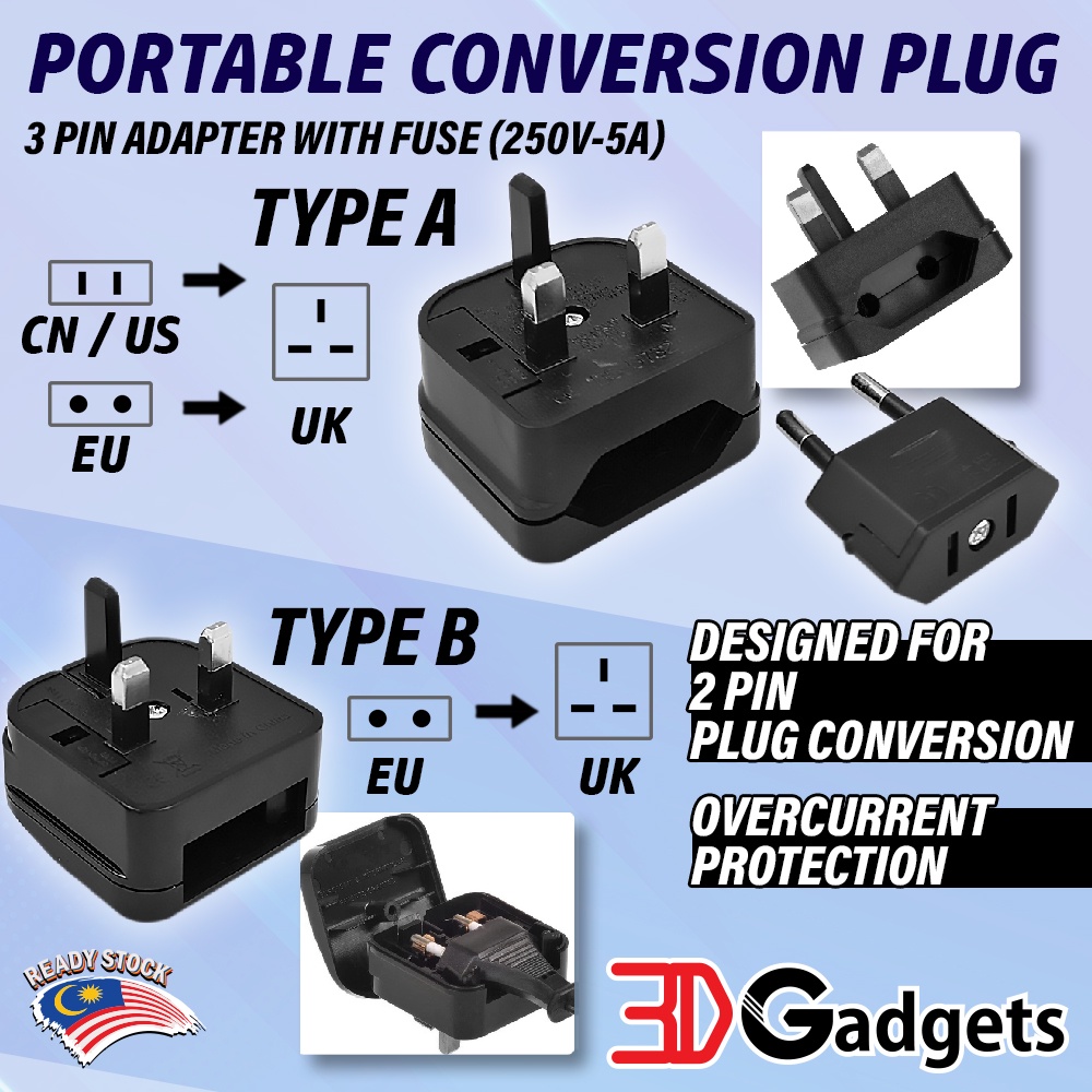 Portable Conversion Plug 2 Pin CN / US / EU to 3 Pin UK 3 Pin Travel ...
