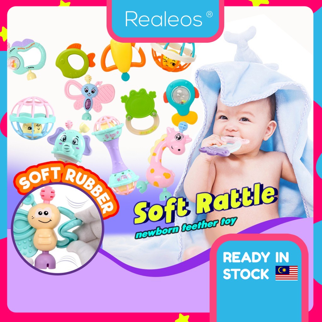 Realeos Teether Baby Soft Rubber Baby Rattle Hanging Toys Playset For ...
