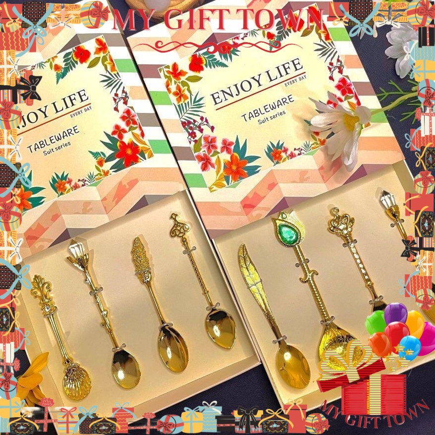 Raya Gift Gold Carved Mini Luxury Tea Spoon Set Dessert High Tea Set ...