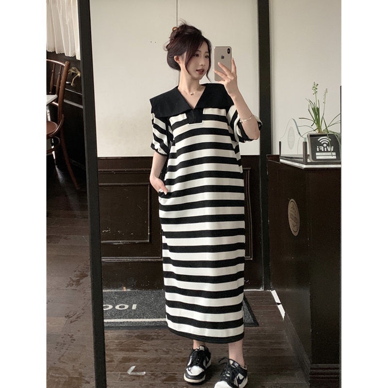 【Dress Oversized】(40-150kg) Summer Korean Style Striped Polo Neck Maxi ...