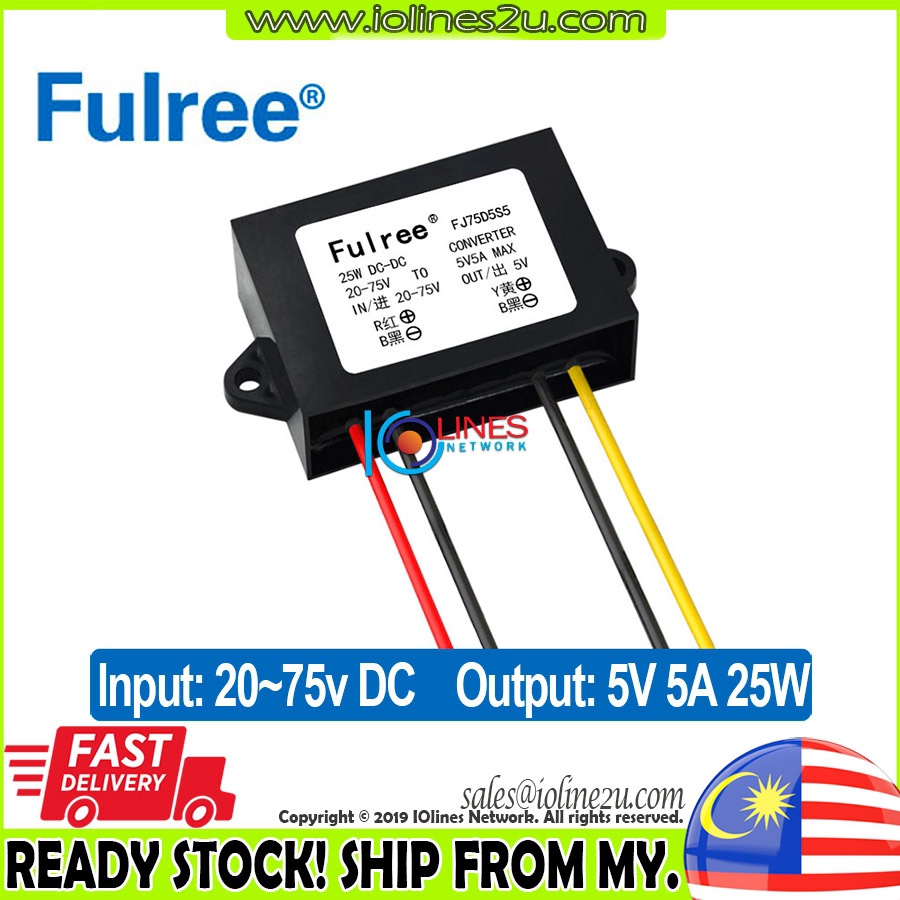 Fulree 24V 36V 48V 50V 60V 20V~72V to 5V 3A 15w 5A 25w IP67 DC power ...