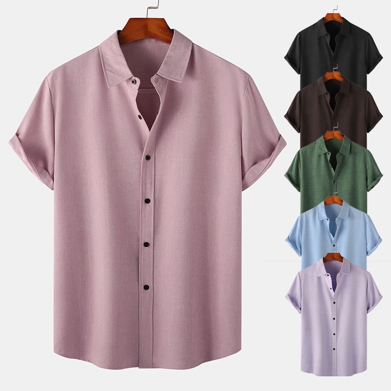 Summer New Men's Solid Color Cotton&linen Lapel Button High Quality ...