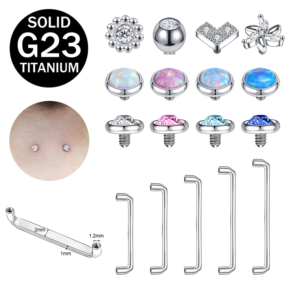 1 PC 12-20mm G23 Titanium Internally Thread Crystal Surface Barbell Piercing Micro Dermal Anchor ...
