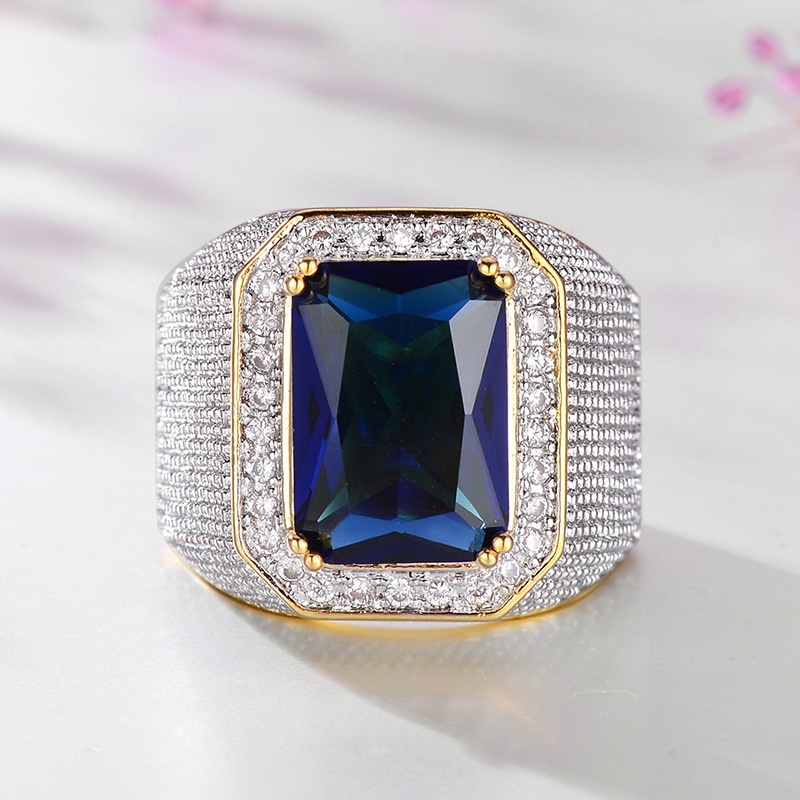 New Style European American Diamond Ring Hip-Hop Gold Square Bluestone ...