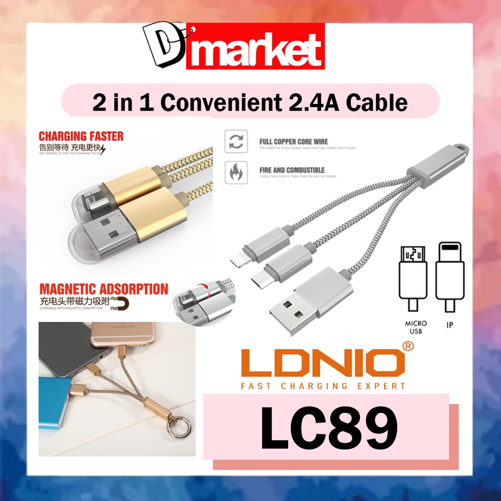 LDNIO LC89 Multi Cable 2 in 1 Cable USB IP Micro Convenient 2.4A ...