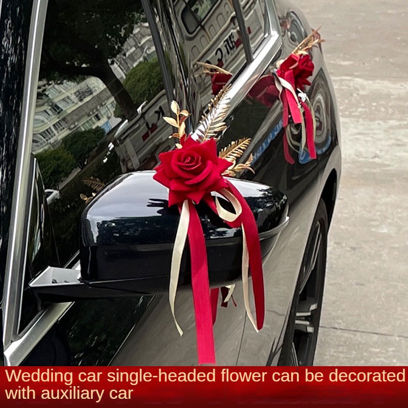 Wedding Car Door Handle Flower Ribbons Artificial Rose Flower Rearview ...