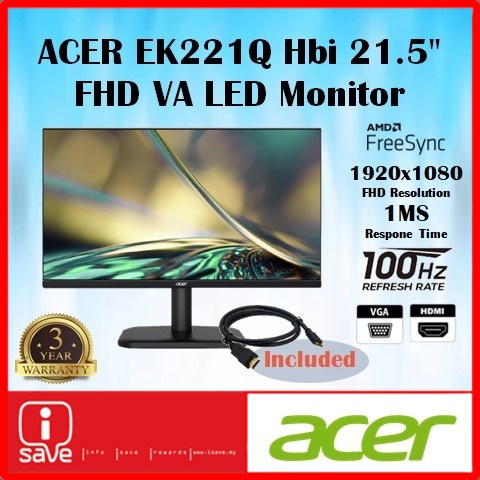 ACER EK221Q Hbi 21.5" FLAT FULL HD 1920x1080 100Hz 1ms VA LED MONITOR ...